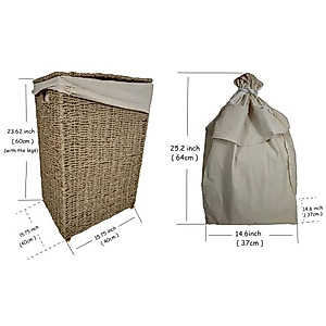 The Acacia Store 100% Natural Square Seagrass Laundry Hamper with 2 100% Cotton Laundry Bags, Foldable with 4 legs made from Bamboo, 2 handles, made in Vietnam, 16 x 16 x 24 inches