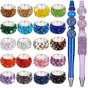 Junkin 120 Pieces Large Hole Beads Rhinestone European Beads for Pens Making Bulk 11mm Crystal Charm Spacer Beads for Beadable Pens Jewelry Making Supplies DIY Crafts Bracelet(Multicolor)