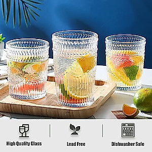 Vintage Drinking Glasses, Romantic Drinking Glasses Set of 8, 4 Highball Glasses 13 oz and 4 Rocks Glasses 9 oz, Textured Striped Drinking Glasses, Vintage Glassware Set for Juice, Beverages, Cocktail