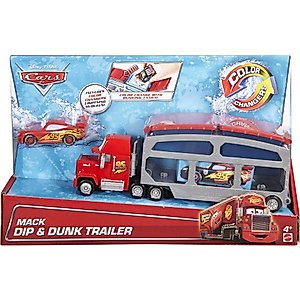 Mattel Disney and Pixar Cars Mack Toy Truck & Lightning McQueen Color-Change Car, Dip & Dunk Trailer with 2 Levels & 2 Water Tanks