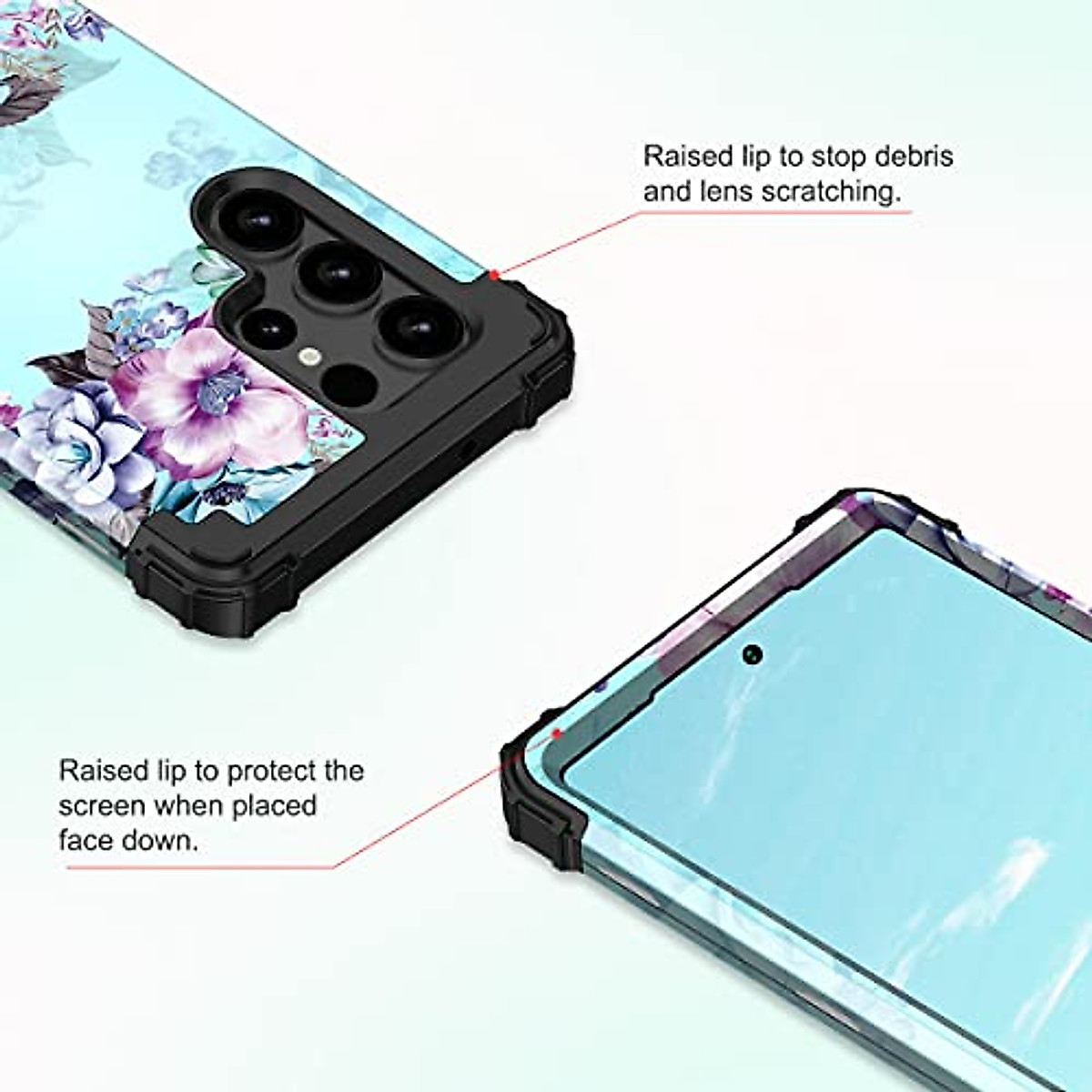 Casetego Compatible with Galaxy S23 Ultra 5G Case,Floral Three Layer Heavy Duty Sturdy Shockproof Full Body Protective Case with 2 Pack Camera Lens Protector for Samsung S23 Ultra,Blue Flower