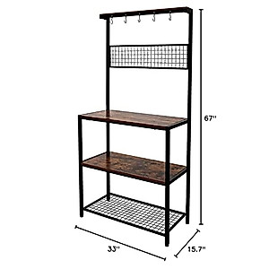 AZL1 Life Concept Industrial Kitchen Rack Cupboard with 10 Hooks, Mesh Panel, 3 Shelves, and Adjustable Feet, for Microwave Oven Cooking Utensils, 33.1 inches, Rustic Brown