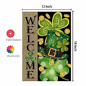 CROWNED BEAUTY St Patricks Day Garden Flag 12x18 Inch Double Sided for Outside Small Burlap Shamrocks Clovers Green Hat Gold Coin Lucky Welcome Yard Holiday Decoration CF726-12