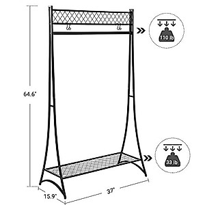 SONGMICS Clothes Garment Rack, Holds 110 lb, Elegant Tower Design, Grid Mesh Bottom Shelf, Clothing Rack for Bedroom Entryway, 37 x 15.9 x 64.6 Inches, Matte Black
