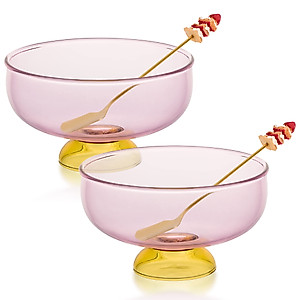 REAWOW Glass Dessert Bowls Set of 2 Ice Cream Bowl with 2 Gold-Plated Spoons Decorative Microwave Safe for Fruit,Snack,Candy Glass Bowl Set(Pink)