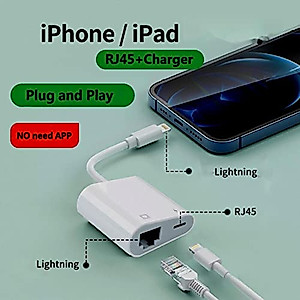 Apple MFI Certified Lightning to Ethernet Adapter for iPhone,2 in 1 LAN Ethernet Network to Lightning Adapter for iPhone 14/13/Pro Max/12/11/XS/XR/X/8/7/6/5 iPad 100Mbps Cat 8 7 6