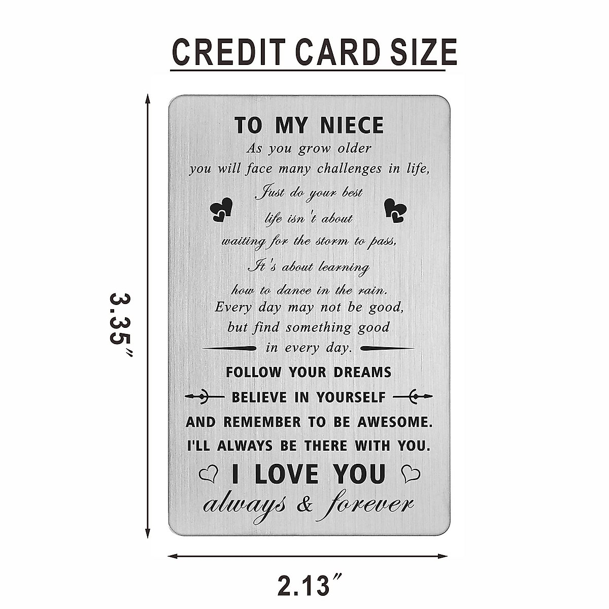 Niece Birthday Card Gifts - Niece Gifts from Auntie Uncle - Engraved Message Niece Wallet Card