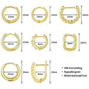 Dreamfox 8 Pairs Huggie Hoop Earrings Small Hypoallergenic 14K Gold Plated Huggie Earrings For Women Simple Huggie Hoops Christmas Gift For Women (Gold-2)