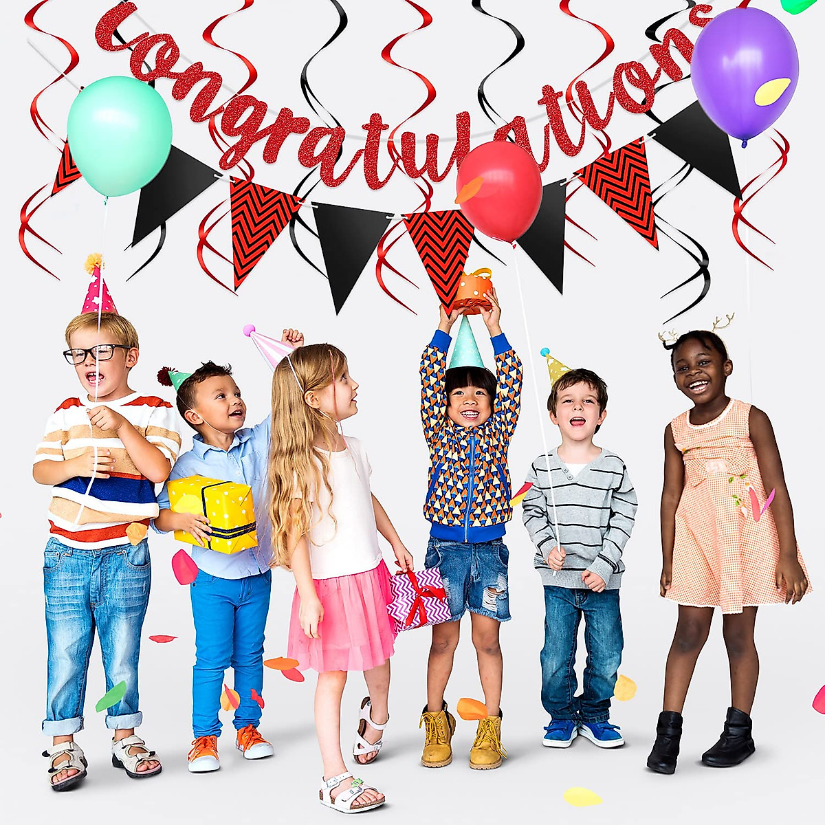 Glitter Congratulations Banner Triangle Flag Banner with 12 Pieces Hanging Swirls for Wedding Retirement Graduation Anniversary Party Decorations (Black, Red)