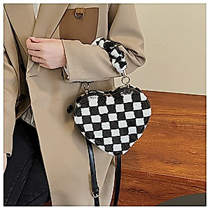 Women Girls Fuzzy Heart Shape Handbag Soft Warm Fleece Dating Bag Crossbody Purse (Black checkerboard)