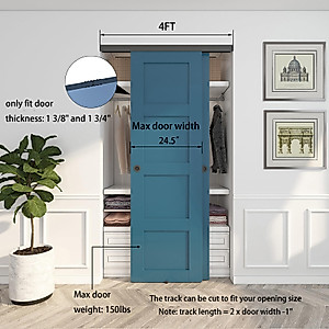 JUBEST 4FT Heavy Duty Bypass Door Hardware with Finger Pulls,Sturdy Aluminum Sliding Closet Door Track for 2 door System,Quietly and Smoothly,Fit Door Thickness 1 3/8" or 1 3/4",Easy to Install, Black