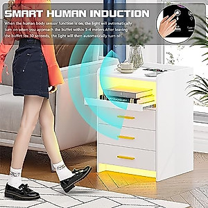 Gurexl RGB Nightstand with Wireless Charging Station, Auto Sensor LED 24 Color Dimmable Night Stand for Bedroom, Modern Bedside Table with 3 Drawers