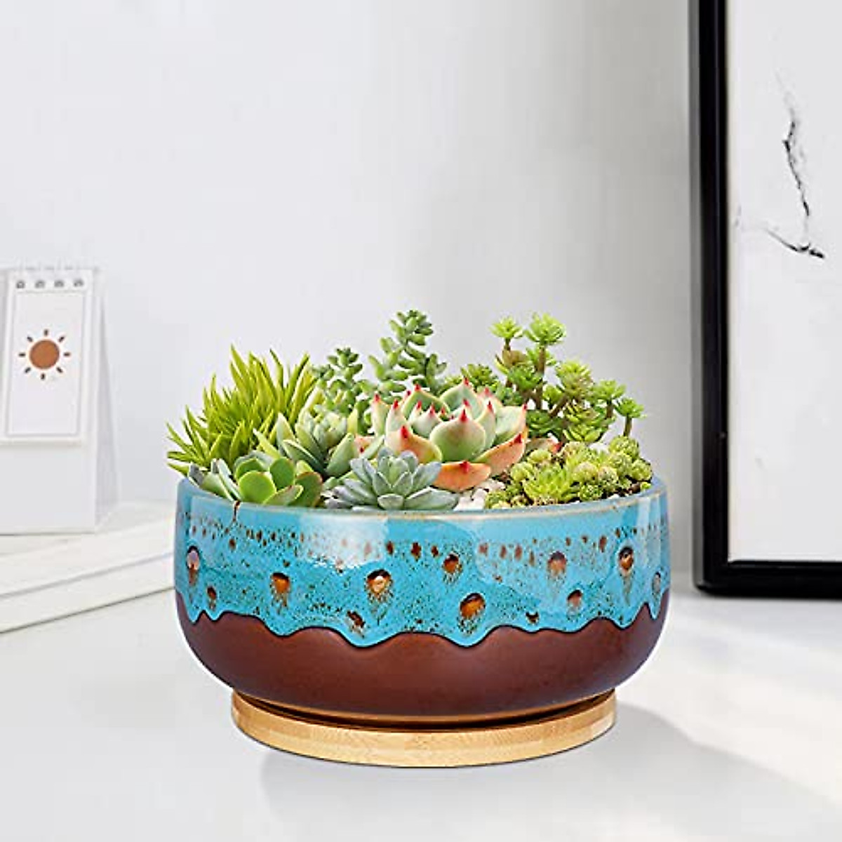MPotTo 8 Inch Succulent Planter Pot Ceramic Round Shallow Planter Blue Flower Pot with Drainage Hole and Bamboo Tray