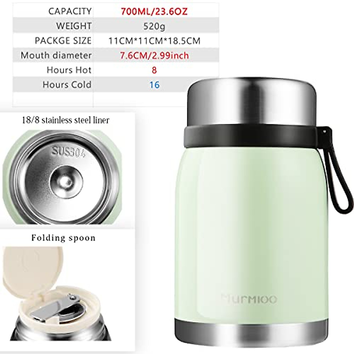 Murmioo Soup Thermos for Hot Food,Insulated Food Jar,Stainless Steel Vacuum Hot Food Lunch Containers,Hot & Cold Lunch Containers For Adults for Office,Outdoor (24oz/700ml) green