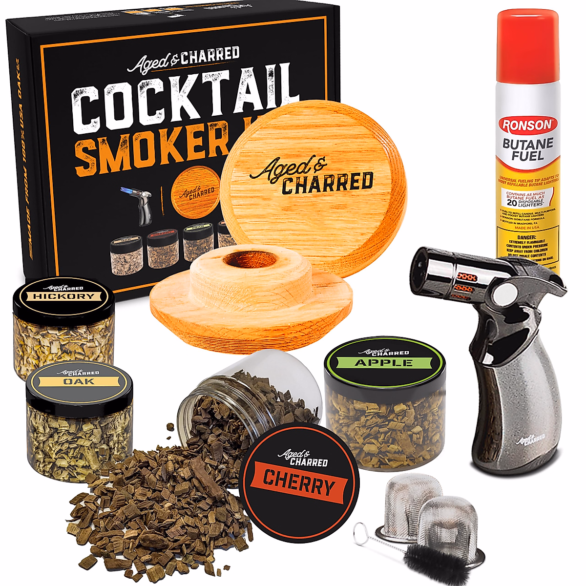 Cocktail Smoker Kit with Torch & Wood Chips (Butane Included) + Whiskey Infusion Kit Bundle for Whiskey, Bourbon, and Vodka for Men and Women.