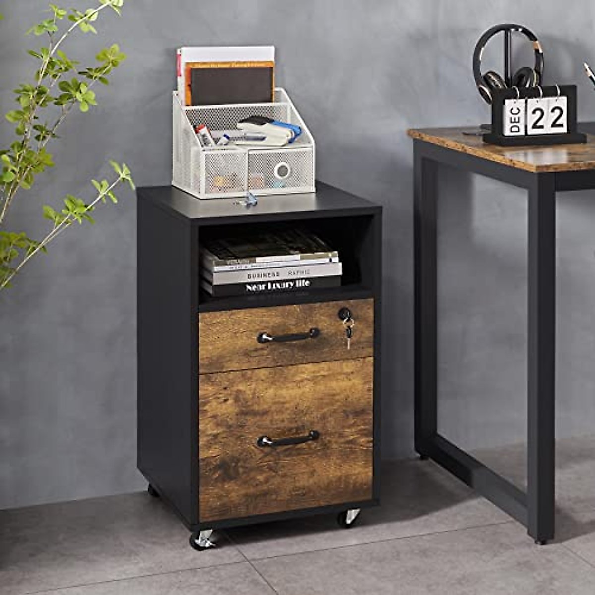 Yaheetech Mobile File Cabinet with 2 Drawers and Open Compartment, Under Desk Vertical File Cabinet with Lockable Wheels for A4, Letter Size Hanging File Folders Printer Stand for Home Office