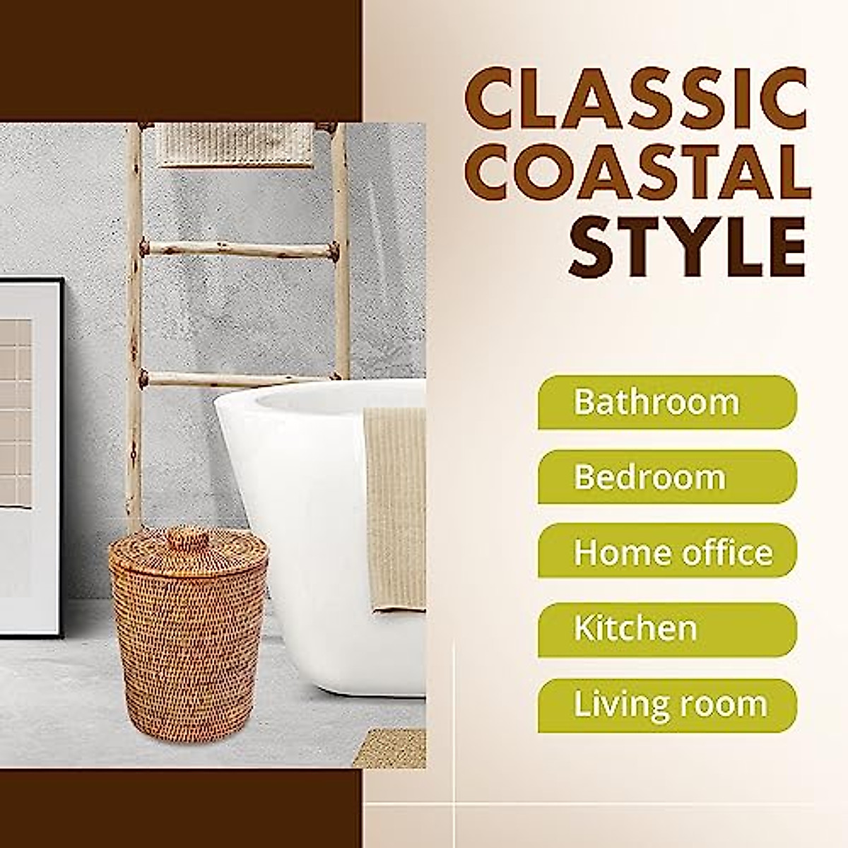 KOUBOO La Jolla Rattan Round Waste Basket With Lid & Plastic Insert, 2 Gallon Woven Wastebasket for Bathroom, Kitchen, Office, Living Room, & Home Decor, Honey Brown