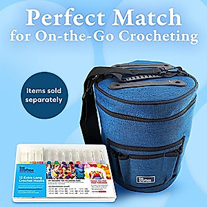 BeCraftee XL Crochet Bag - Large Craft Organizer to Store Crocheting & Knitting Supplies - Portable Yarn Storage with 7 Pockets for Tools, Shoulder Strap and Handle - Blue | Easy to Carry, Tangle Free