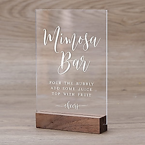 Acrylic Mimosa Bar Sign with Wood Stand- 5” x 7" Glass Look Clear Acrylic Wedding Signage Mimosa Bar with Holder for Wedding Reception & Event Party