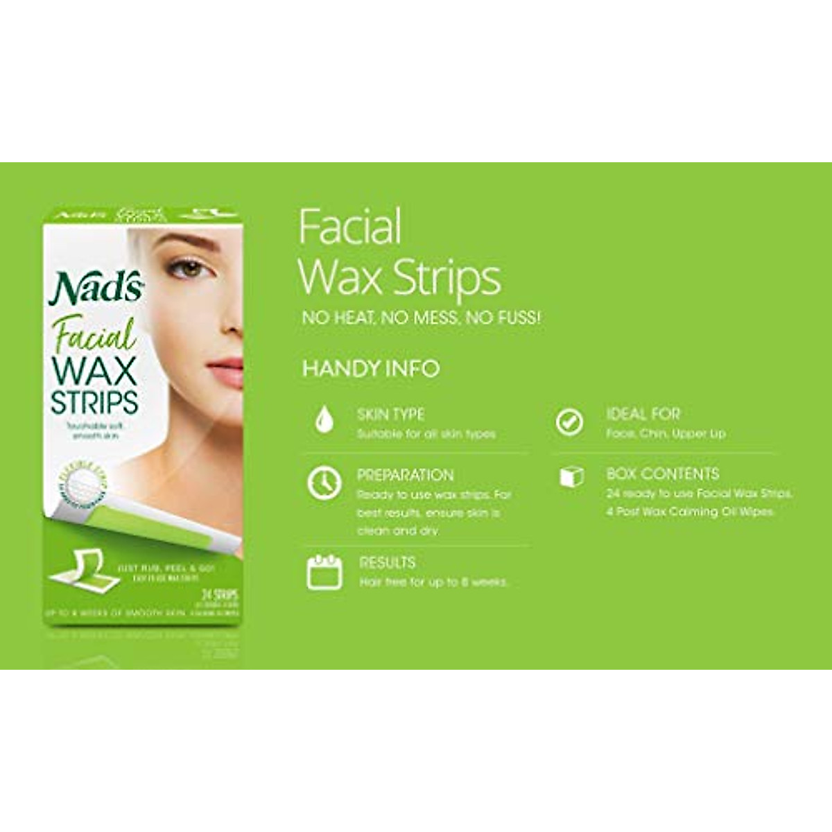 Nad's Facial Wax Strips - Facial Hair Removal for Women - Waxing Kit With 48 Face Wax Strips + 8 Calming Oil Wipes + Skin Protection Powder