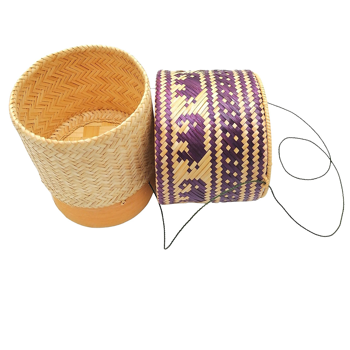 Bamboo Sticky Rice Serving Basket 5x6 Inch, Kratip, Intricately Woven Container, Round Shaped, Elephant Weave Pattern, Thailand Handmade, Dyed with Natural Based (Purple)