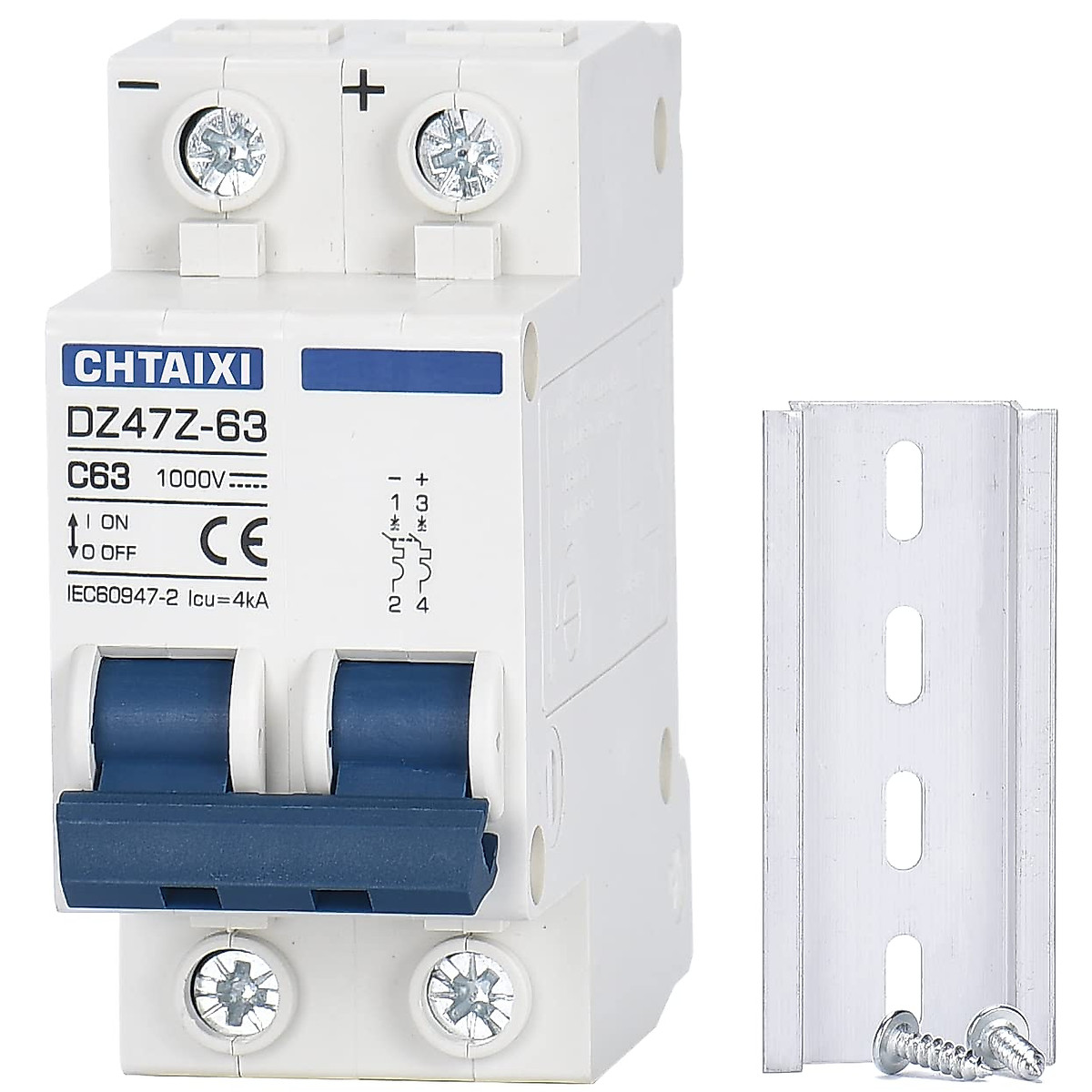 CHTAIXI DC Miniature Circuit Breaker, 2 Pole 1000V 63 Amp Isolator for Solar PV System, Thermal Magnetic Trip, DIN Rail Mount, Chtaixi DC Disconnect Switch C63