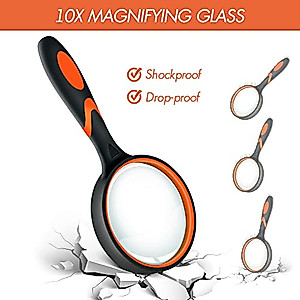 Leffis 2 Pack 10X Magnifying Glass for Seniors & Kids, Non-Slip Handheld Magnifier for Reading, 75mm Magnify Glasses Lens for Close Work, Science and Hobby Observation（Green and Orange