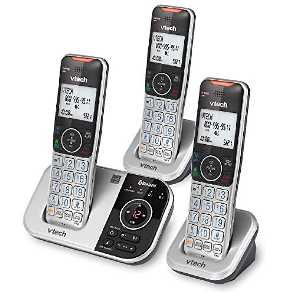 VTECH VS112-3 DECT 6.0 Bluetooth 3 Handset Cordless Phone for Home with Answering Machine, Call Blocking, Caller ID, Intercom and Connect to Cell (Silver & Black)