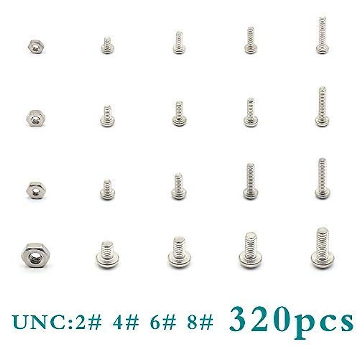 ZERO HOME 320pcs #2-56#4-40#6-32#8-32 UNC Stainless Steel Phillips Pan Head Machine Screws Nuts Assortment Kit