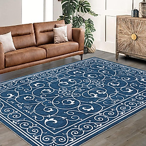 GarveeHome 8x10 Rug Washable Rugs Vintage Floral Rug for Living Room Moroccan Office Rug Low Pile Throw Rugs Modern Area Rug for Bedroom Non-Slip Backing Room Decor Distressed Rug Blue Rug