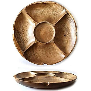 Diameter 12" Premium Acacia Wooden 5-Compartment Divided edge of 4 hole Round Wood Plate Divided Dessert Serving Trays Platters 5 Section