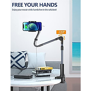 PEMOTech Gooseneck Phone Holder Stand for Bed, Flexible Arm Cell Phone Stand Clamp on Desk, 360° Rotation Horizontally + 220° Rotation Up and Down, Compatible with 4"-7" Devices