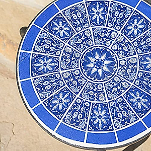 Christopher Knight Home Slate Outdoor Ceramic Tile Side Table with Iron Frame, Blue / White