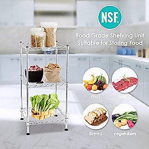 BNSPLY 3-Tier Adjustable Shelving Unit, Metal Wire Rack with NSF Certified, Leveling Feet, Standing Storage Shelf for Laundry, Bathroom, Kitchen, Pantry, Closet, Chrome