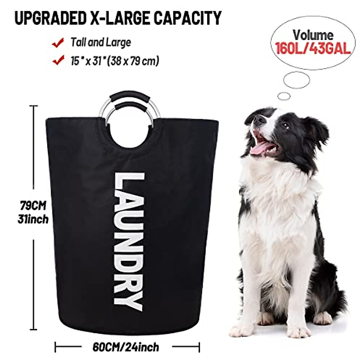 Lilyfantasy 160L XXX-Super Large Laundry Baskets, Laundry Hamper with Padded Handles, Tall Laundry Basket Stand Up Well, Foldable Round Laundry Bag for Easy Storage（Black）