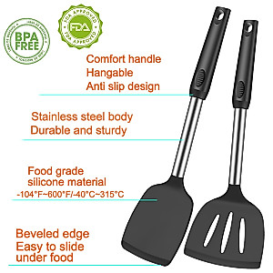 KLAQQED 5Pcs Silicone Spatula Heat Resistant Long Large Spatulas Set for Nonstick Cookware, Rubber Pancake Fish Turner Spatula for Kitchen Use Silicone Spatula Cooking Kitchen Utensils Set Black