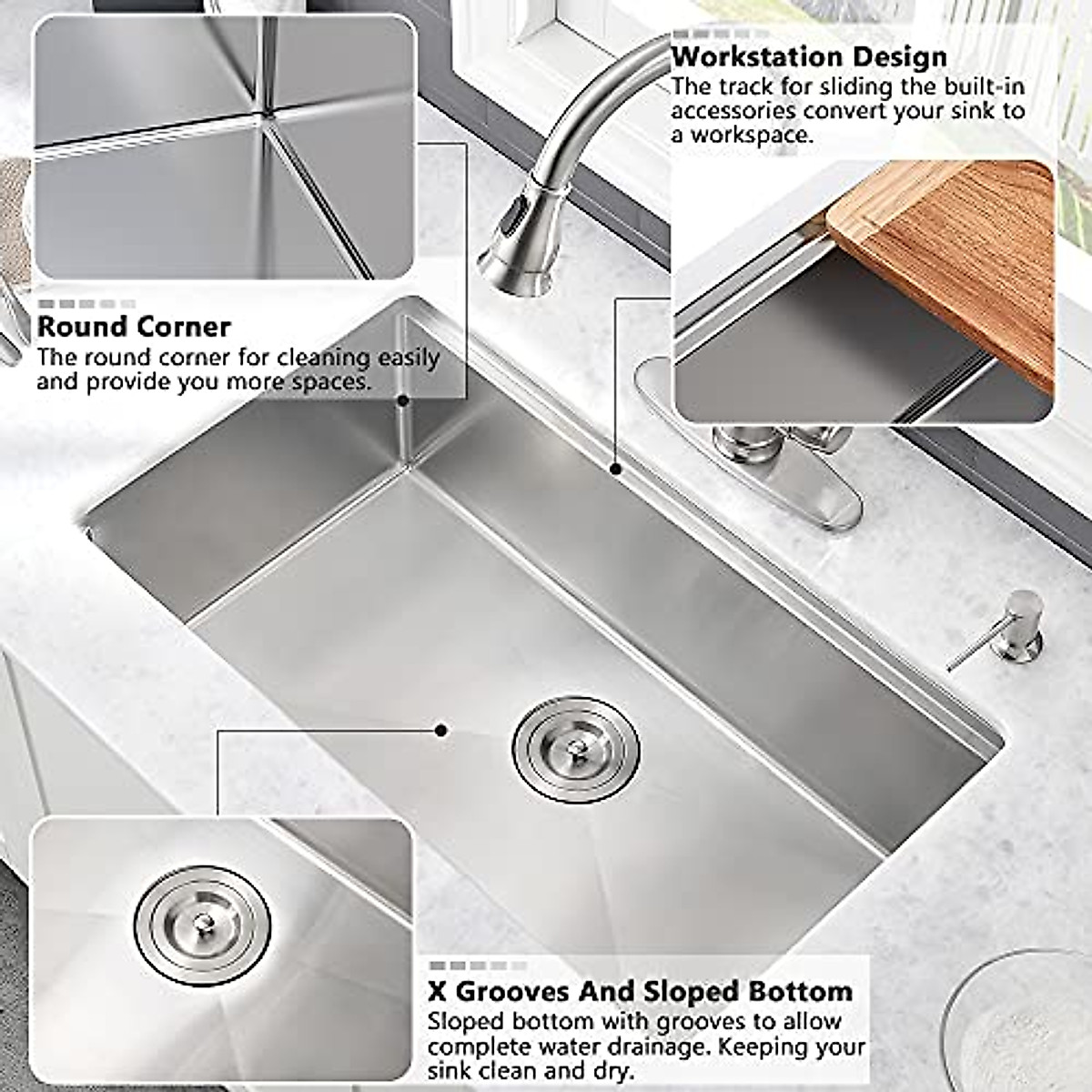 32 Undermount Kitchen Sink Stainless Steel- VASOYO 32x19 Inch Undermount Workstation Kitchen Sink 16 Gauge 10 Inch Deep Stainless Steel Single Bowl Kitchen Sink with Cutting Board