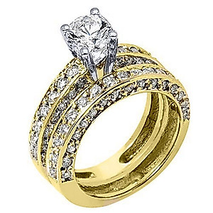 14k Yellow Gold Round & Pave Diamond Engagement Ring Wedding Band Set 2.31 Carats