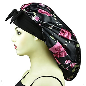 Extra Large Sleep Cap Satin Bonnet for Sleeping Long Hair Bonnet for Women Large Night Cap for Curly Hair XL Silk Bonnets (Black + Rose)