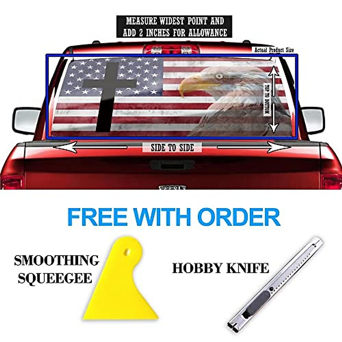Patriotic Truck Back Window Graphics,Red White American Flag Decal Patriotic Truck Decals,Cross Universal See-Through Rear Window Vinyl Wrap,Christian Full Window Decals for Trucks Car SUV,66"x20"