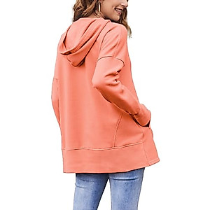 LaLaLa Women Casual Button V Neck Sweatshirt Oversized Pullover Hooded Tops with Pockets Orange