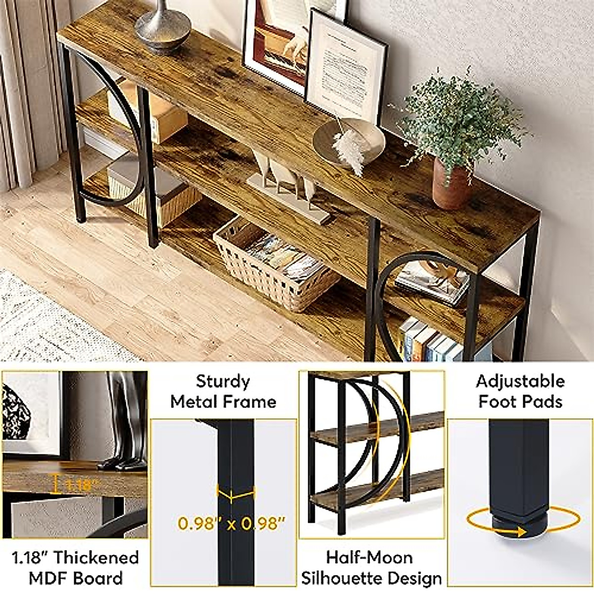 Tribesigns 70.9 Inch Extra Long Sofa Table, 3 Tier Narrow Console Table with Storage Shelves, Industrial Entryway Table Behind Sofa Couch for Living Room, Hallway, Foyer, Rustic Brown