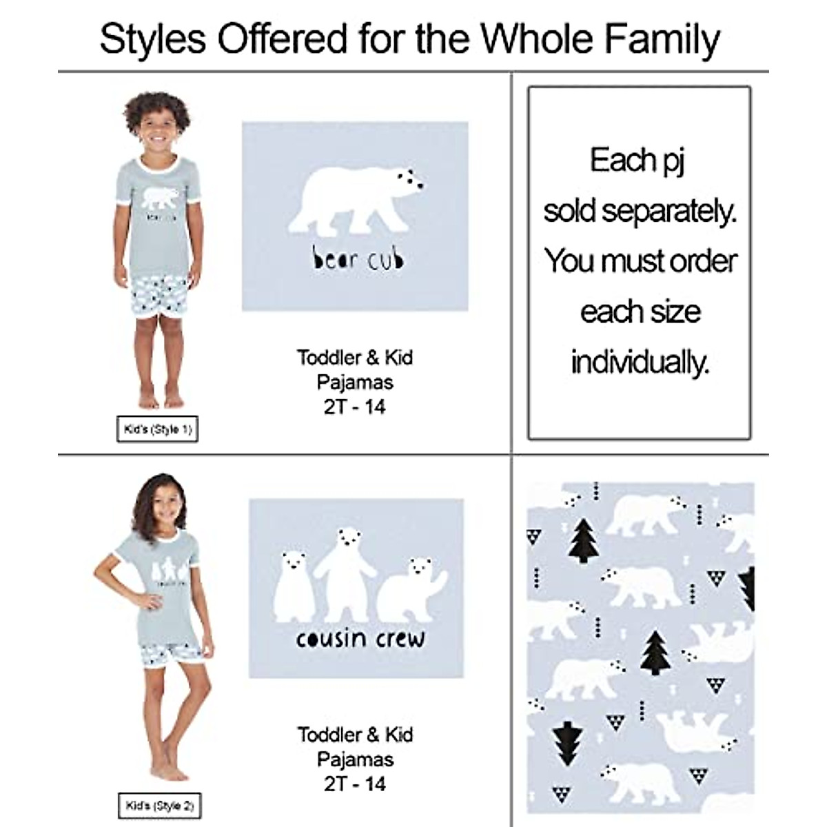 Sleepyheads Grey Polar Bear Family Matching Short Sleeve PJ Sets, Bear Summer, Small, Women's (Style 1)