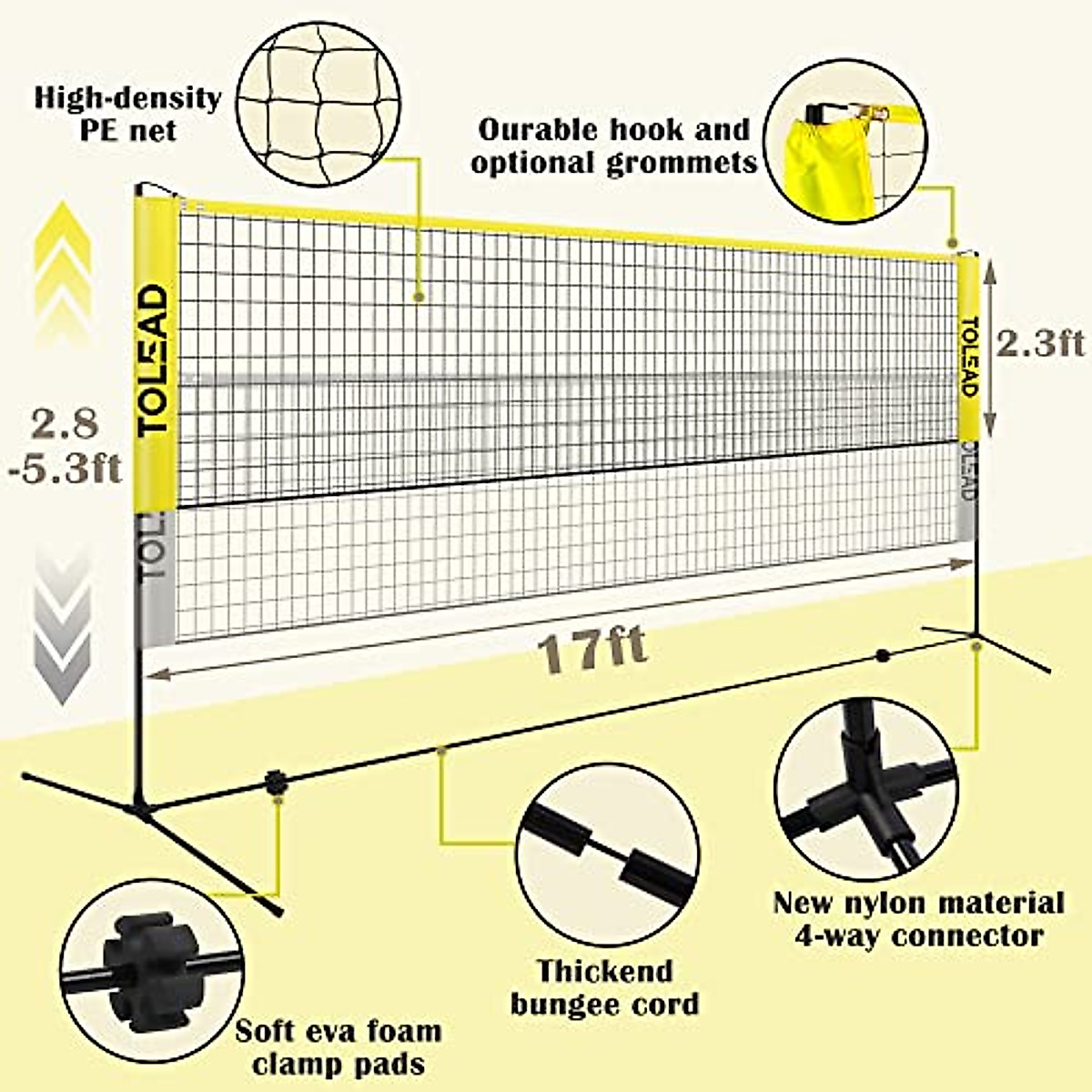 TOLEAD Badminton Pickleball Set with Net, 17ft x 3-5ft Height Adjustable Portable Kids' Volleyball Net for Backyard, Outdoor Sports Set All-in-One w/Volleyball Pickleball Paddles, Badminton Rackets