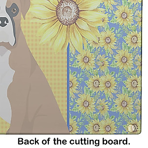 Caroline's Treasures WDK5340LCB Summer Sunflowers Natural Eared Fawn Boxer Glass Cutting Board Large Decorative Tempered Glass Kitchen Cutting and Serving Board Large Size Chopping Board