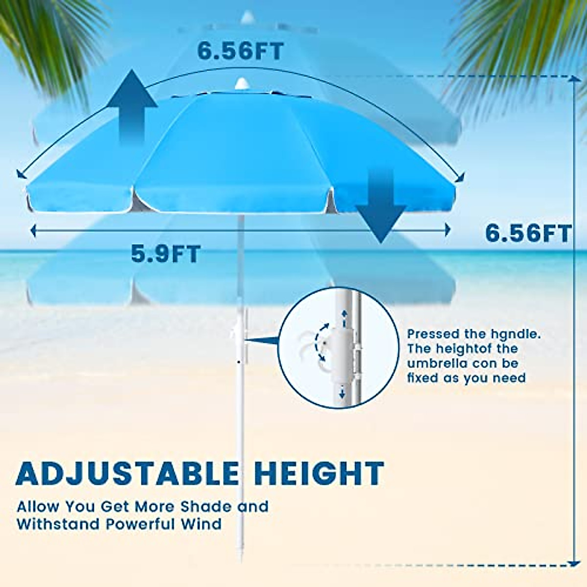 Beach Umbrella - 6.56FT Arc Length, 5.9FT Diameter Portable Beach Umbrellas for Sand Heavy Duty Wind with Air Vents, Adjustable Tilting Pole with 8 Ribs UV 50+ and Carry Bag