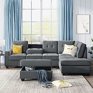 Merax L Shaped Sectional Sofas 3-Seat Sofa Sets Sectional Sofa Couches with Reversible Chaise Lounge, Cup Holders and Storage Ottoman for Living Room Furniture (Grey)