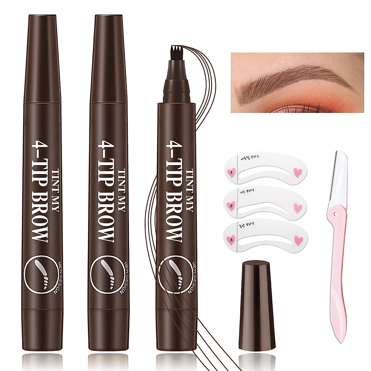 3Pcs Brow Pencil,Eyebrow Tattoo Pen,Long Lasting Waterproof Microblading Eyebrow Pencils,Brow Pen,with Eyebrow Trimmer,3 Eyebrow Models,for Creating Easy Natural Brows (Dark Brown)