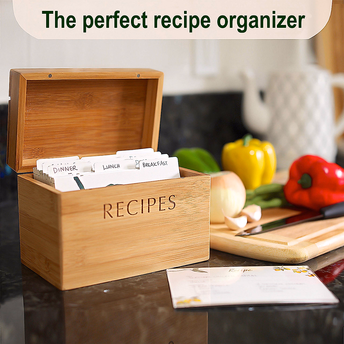 Mint & Elm Recipe Box with 100 Cards and 10 Dividers - Recipe Organizer Includes Plastic Holder for 4x6 Cards (Natural Bamboo)