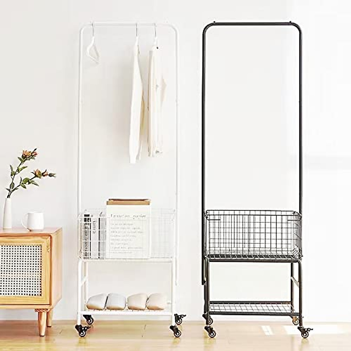 Rolling Laundry Basket with Wheels,Clothing Rack for Garment Hanger,Storage Metal Cart, White Color, Large Capacity Room Organization,Metal Movabel Laudry Basket, (White)